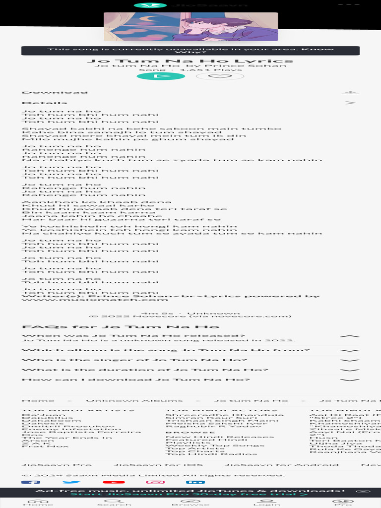 Jo Tum Na Ho Lyrics by Prince Sohan | PDF