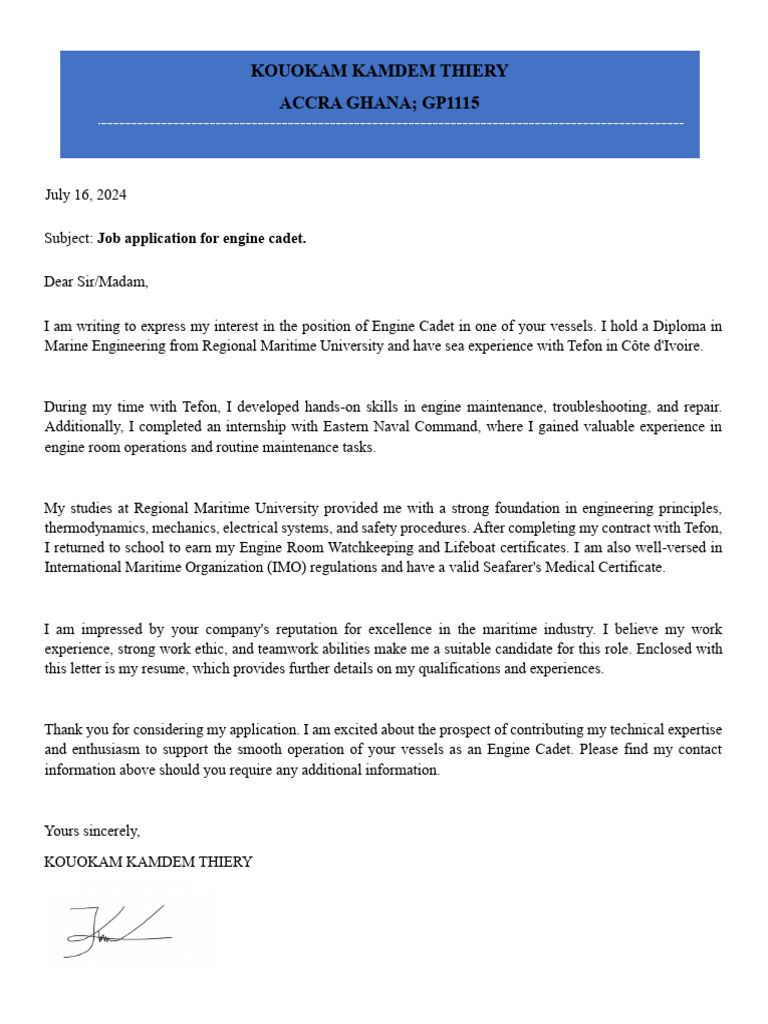 Engine Cadet Job Application Letter | PDF