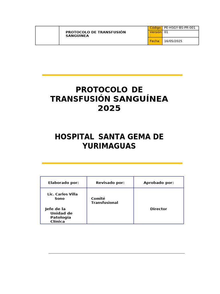 Pe-Hsgy-San-Gu-001 Protocolo de Transfusión Sanguínea 2023 | PDF | Transfusión de sangre | Sangre