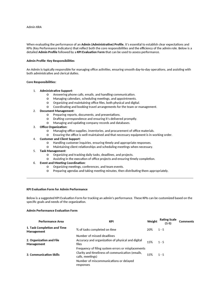 Admin KPIs and Performance Evaluation | PDF | Performance Indicator ...