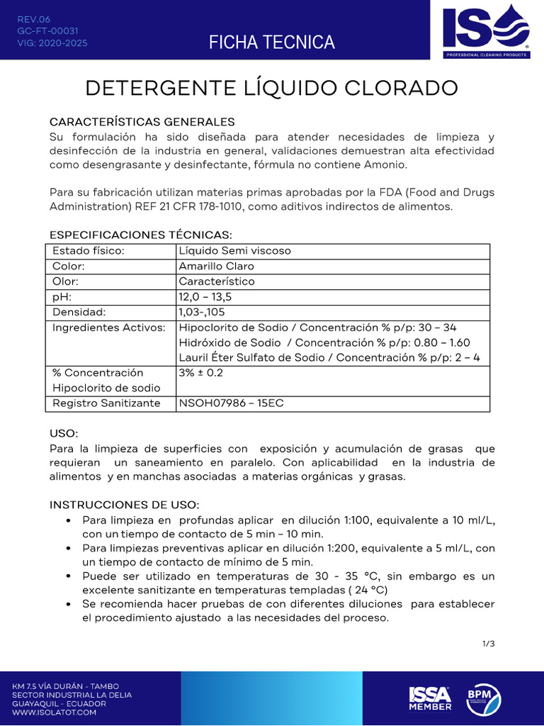 Ficha Tecnica Detergente Líquido Clorado | PDF