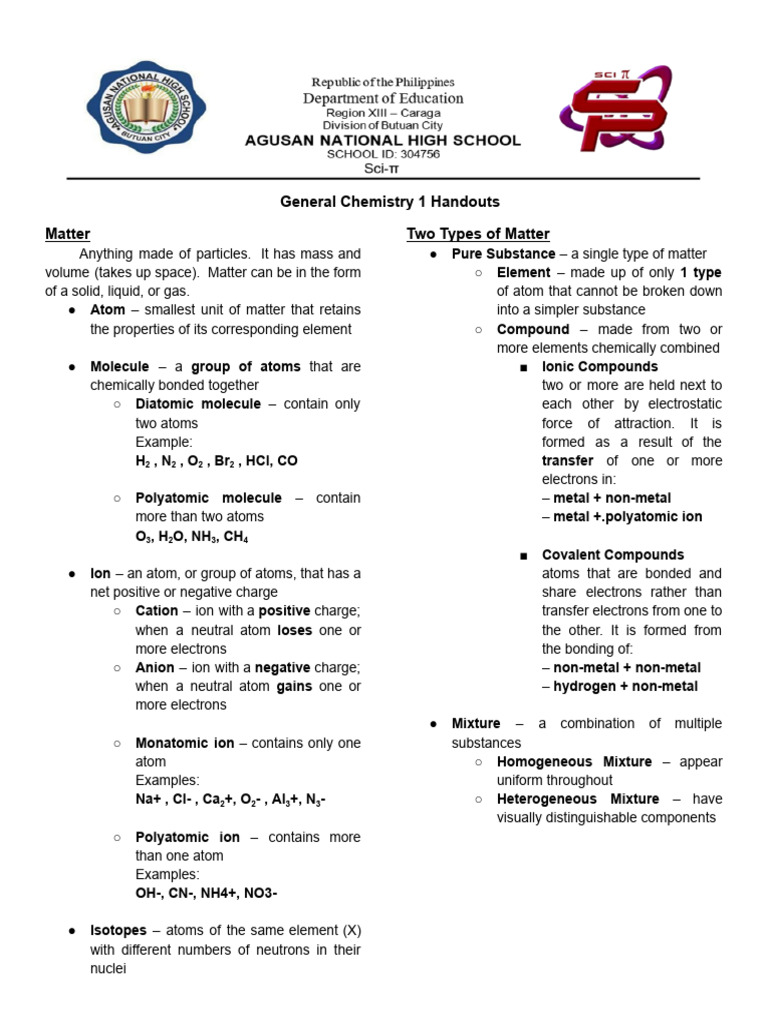 Sci Pi General Chemistry 1 Handout | PDF | Ion | Chemical Compounds