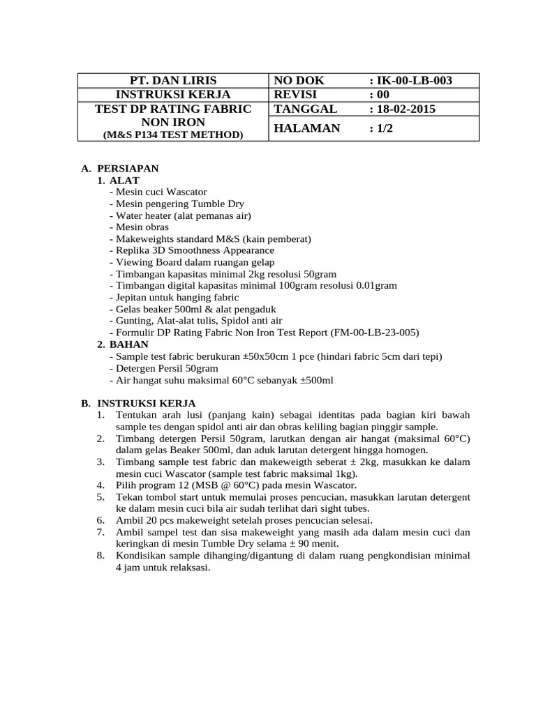 IK-00-LB-003 Test DP Rating Fabric Non-Iron (MS P134 Test Method) | PDF