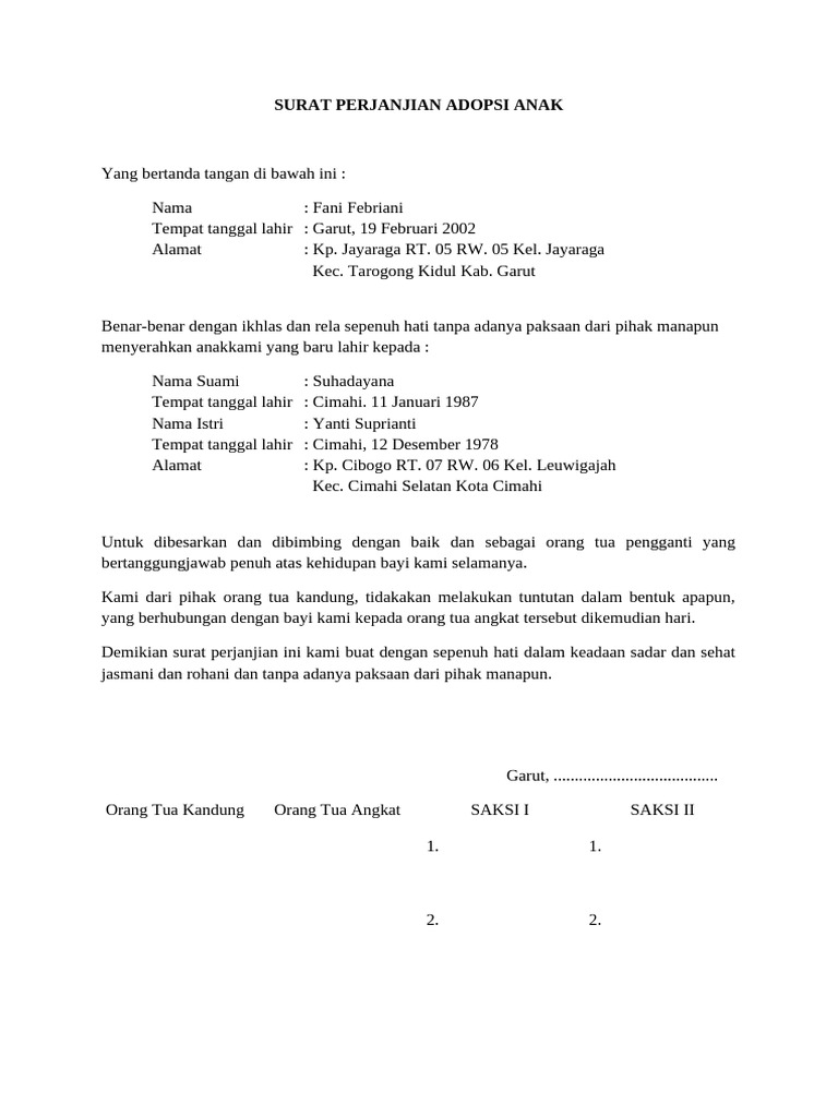 SURAT PERJANJIAN ADOPSI ANAK | PDF