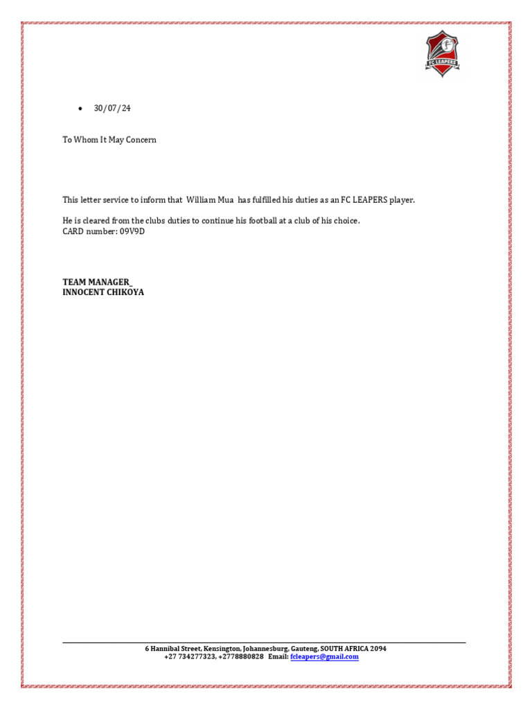 Facilities letter | PDF