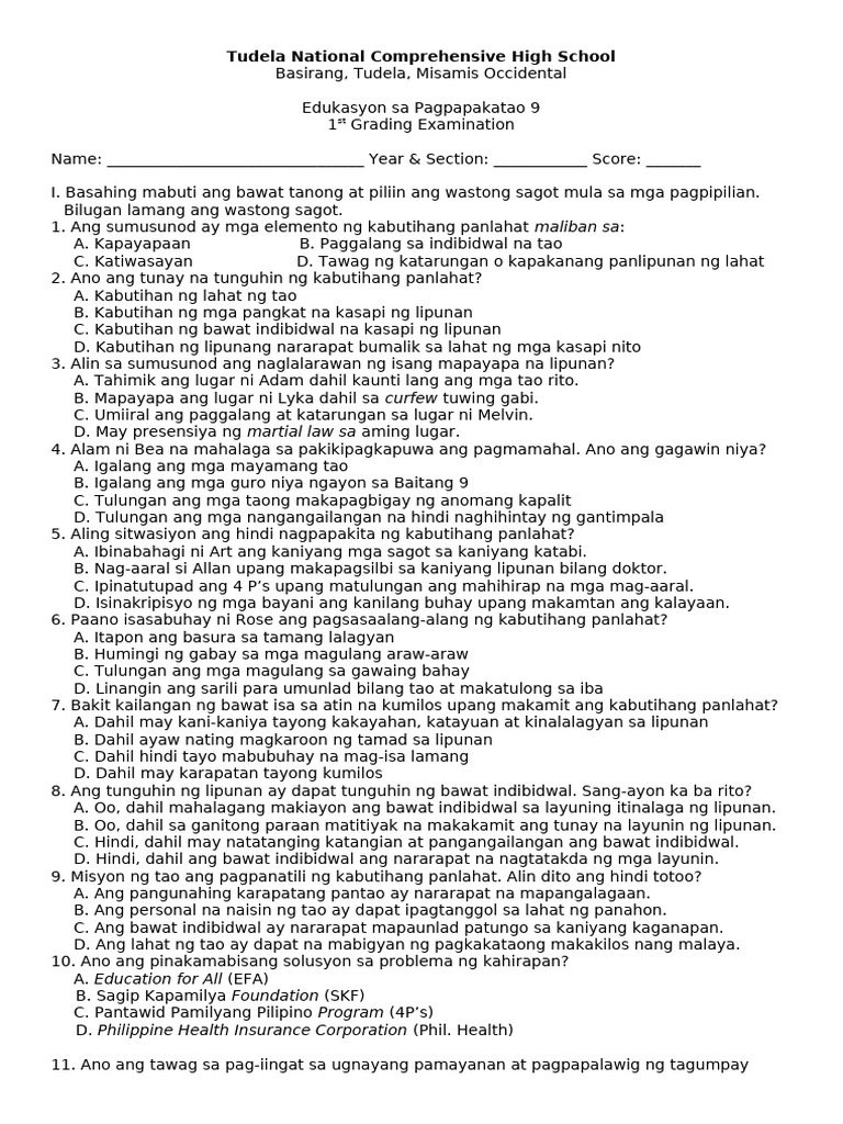 Esp 9 1st GD Exam S.Y. 2022-2023 A4 Size | PDF