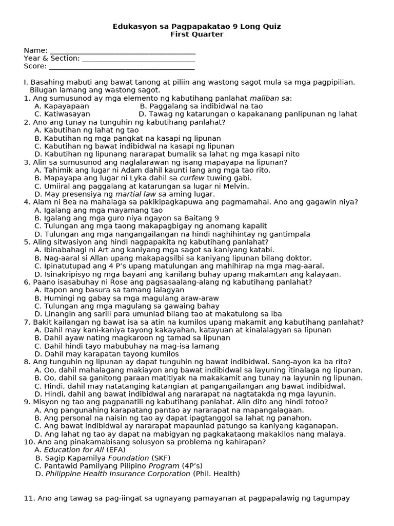Esp 9 Long Quiz A4 Size | PDF