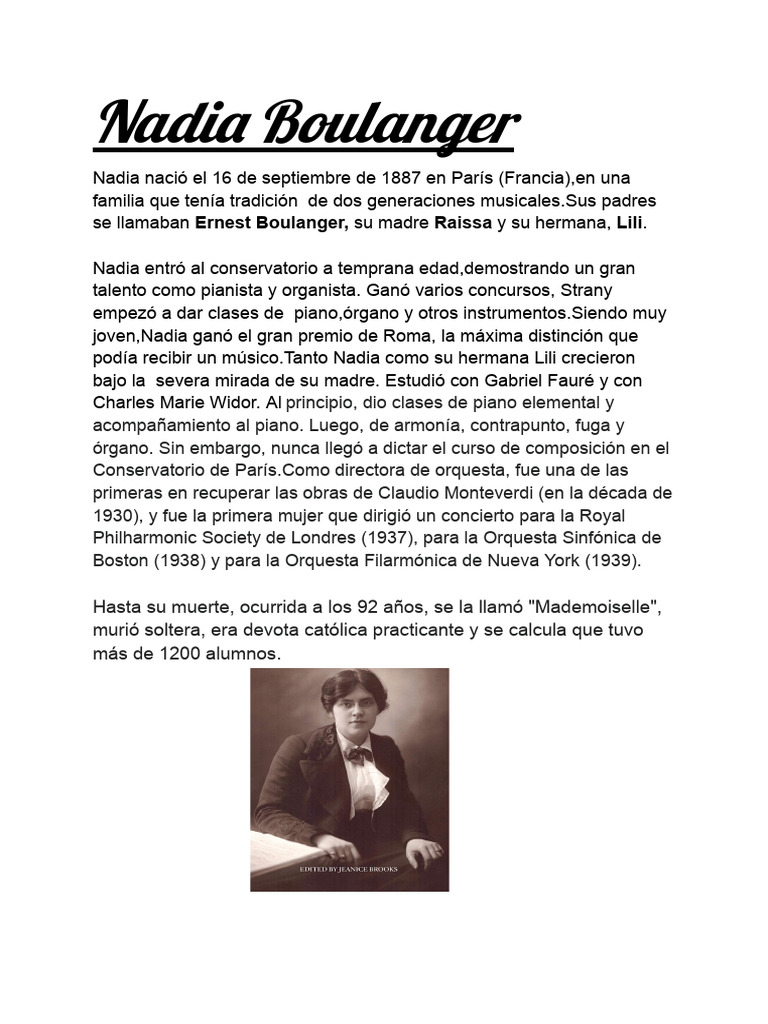 Nadia Boulanger: Pionera de la Música | PDF