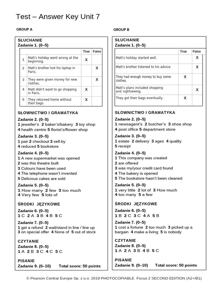 Focus - 2 - 2ed - Test - Unit 7 - ANSWERS | PDF | Retailing