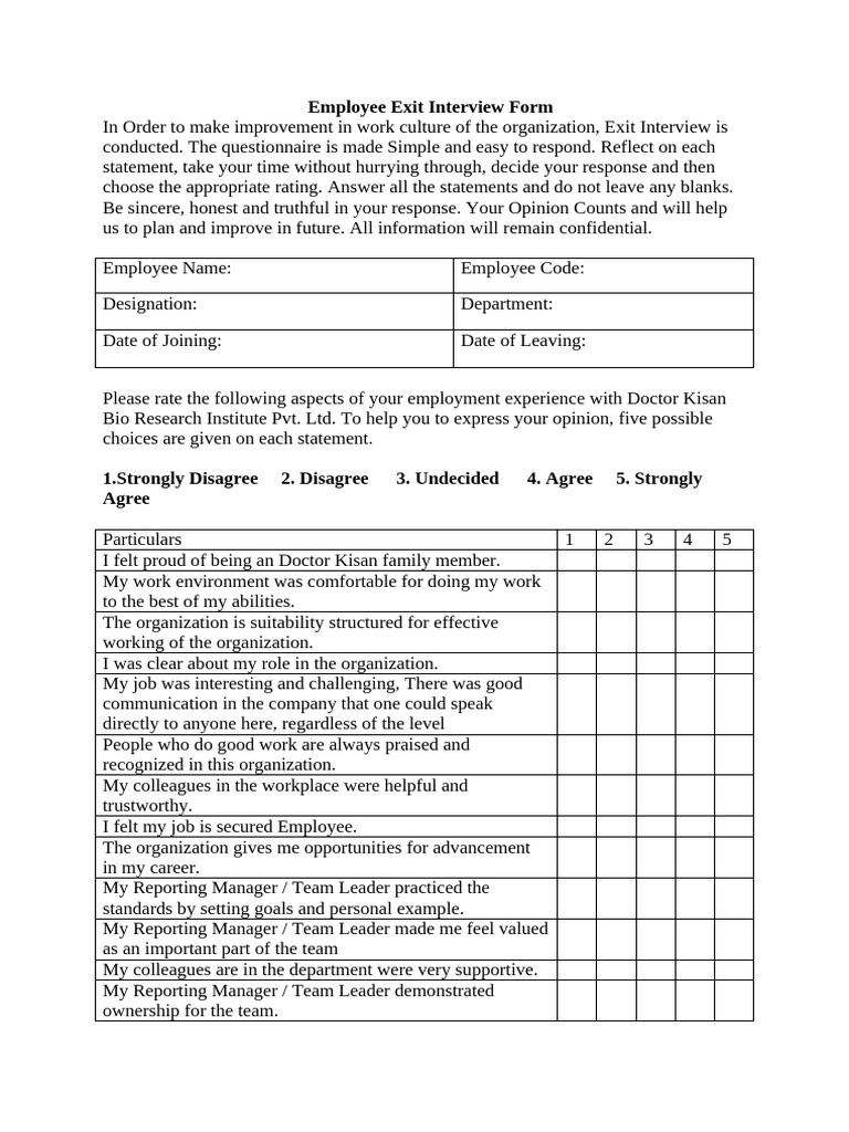 Employee Exit Interview Form | PDF | Organizational Behavior | Business