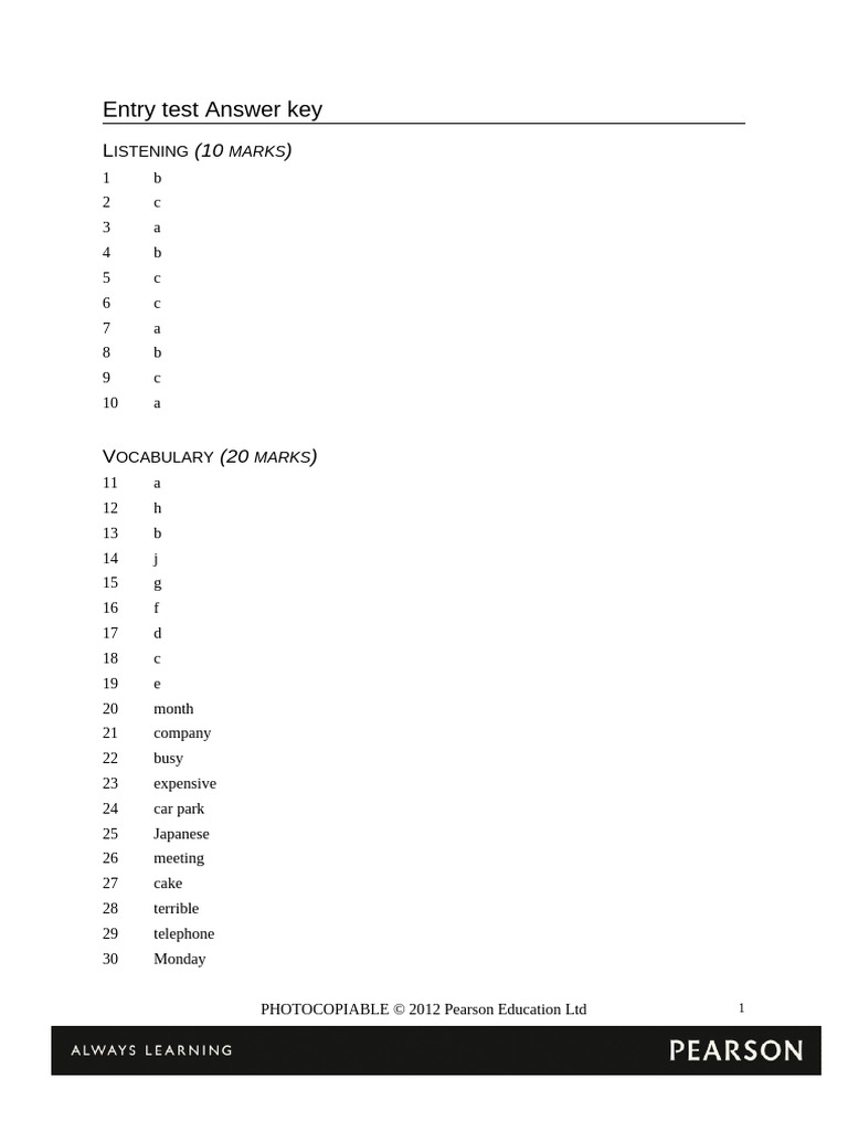 Entry Test Answer Key for Students | PDF