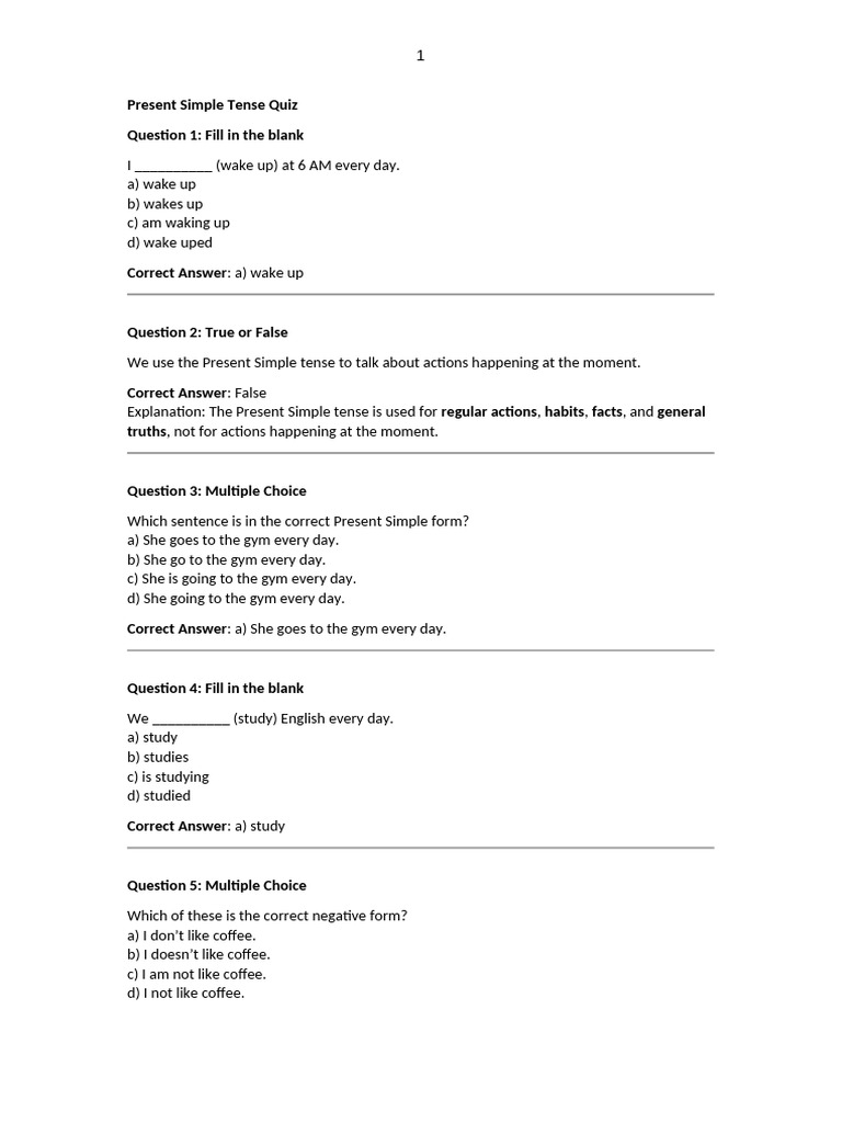 Present Simple Tense Quiz | PDF