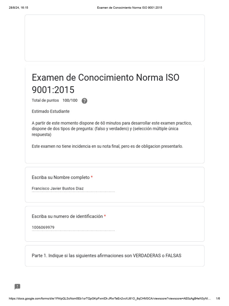 Examen de Conocimiento Norma ISO 9001 - 2015 | PDF | Sistema de manejo ...