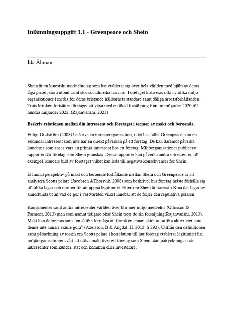 Uppgift 1 Greenpeace:shein Ida Åhman | PDF