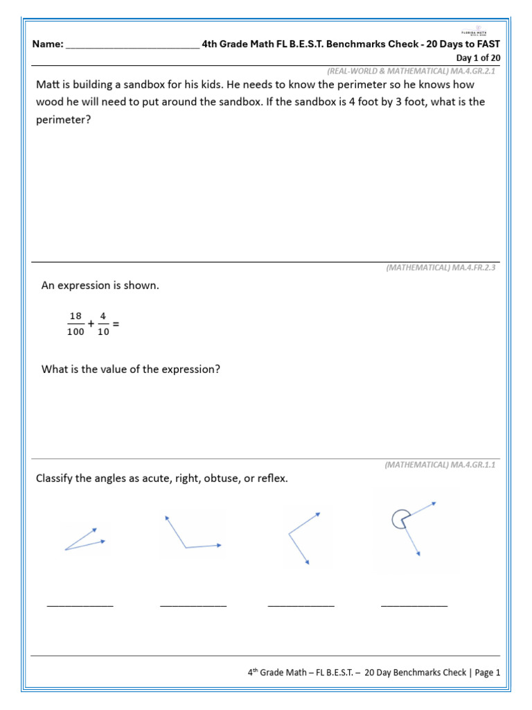 Name: - 4th Grade Math FL B.E.S.T. Benchmarks Check - 20 Days To FAST ...