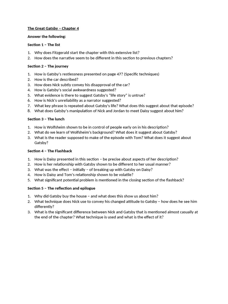 The Great Gatsby Chapter 4 Questions | PDF