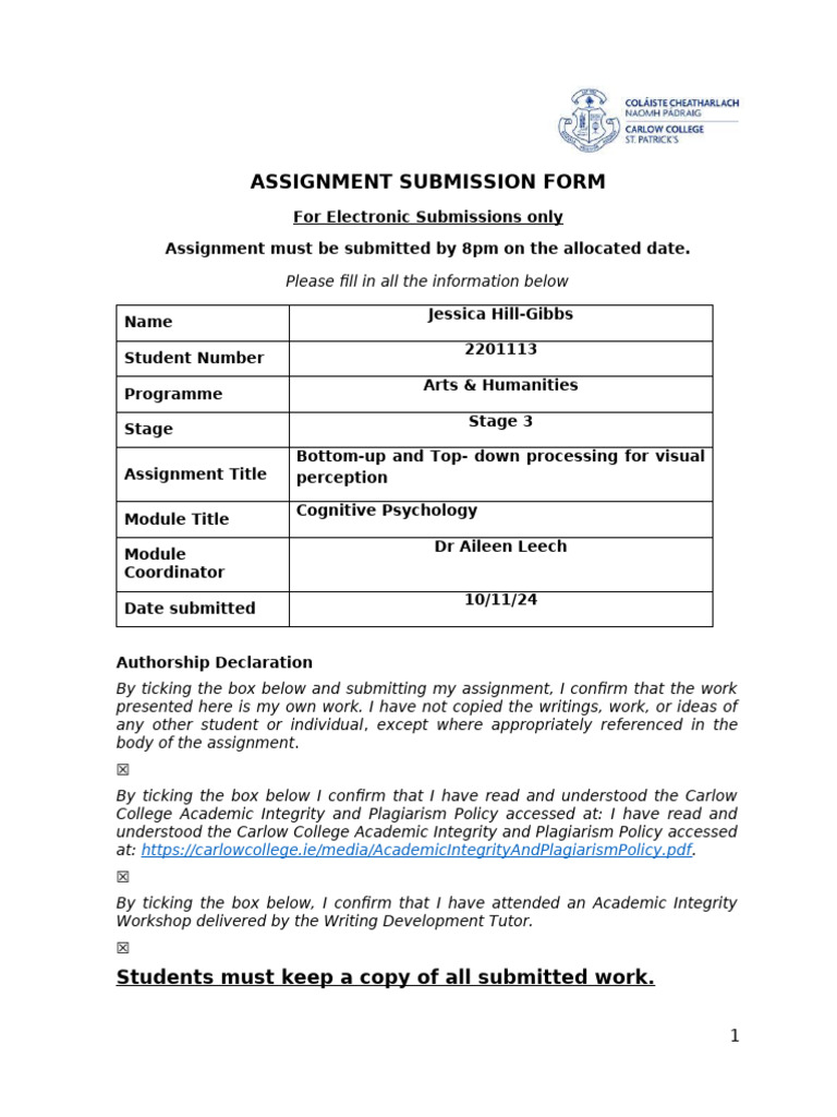 Cognitive Psych Essay Emma Test | PDF | Perception | Cognition