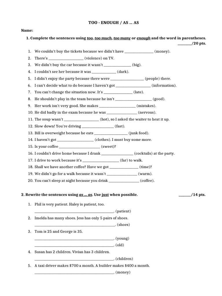 Grammar Exercises: Too, Enough, As...As | PDF