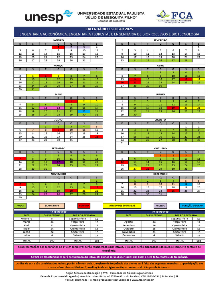 Calendário FCA 2025 - UNESP Botucatu | PDF