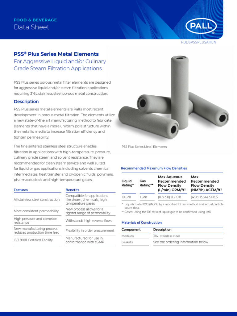 Pall PSS Plus Metal Element | PDF | Filtration | Liquids