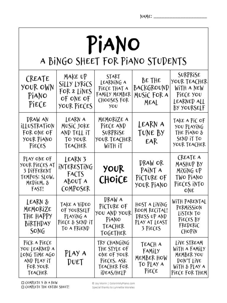Piano Bingo Sheet for Students | PDF