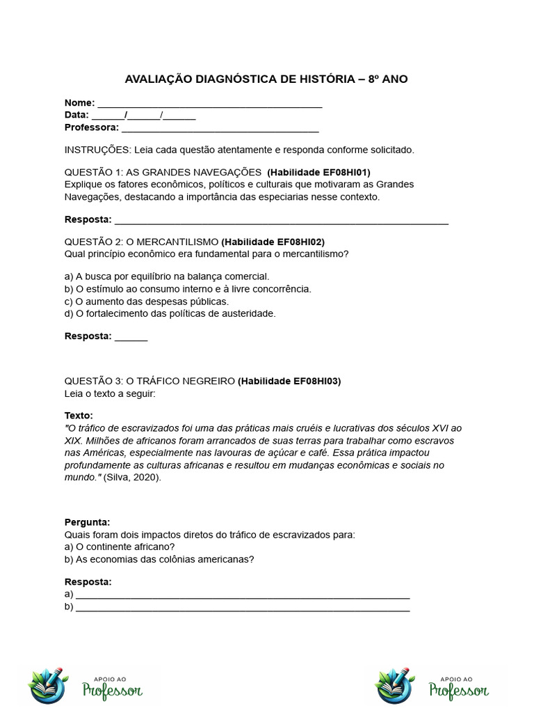 Avaliacao Diagnostica de Historia 8o Ano (1) | PDF | Revoluções ...