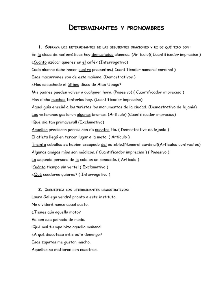Repaso de Determinantes y Pronombres Con Soluciones | PDF | Pronombre ...