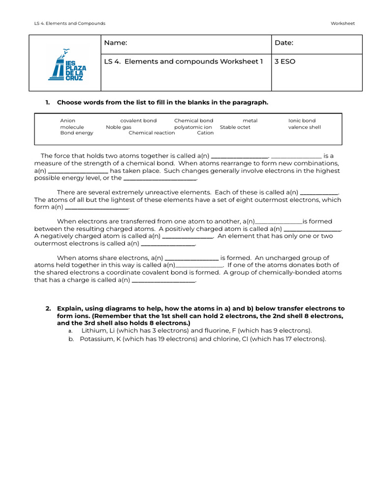 LS4. Elements and Compounds Worksheet 1 | PDF | Ion | Chemical Bond