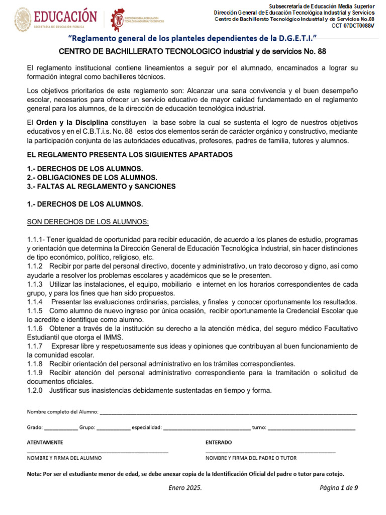 Reglamento FEBRERO 2025 Cbtis 88 | PDF | Institución | Plan de estudios