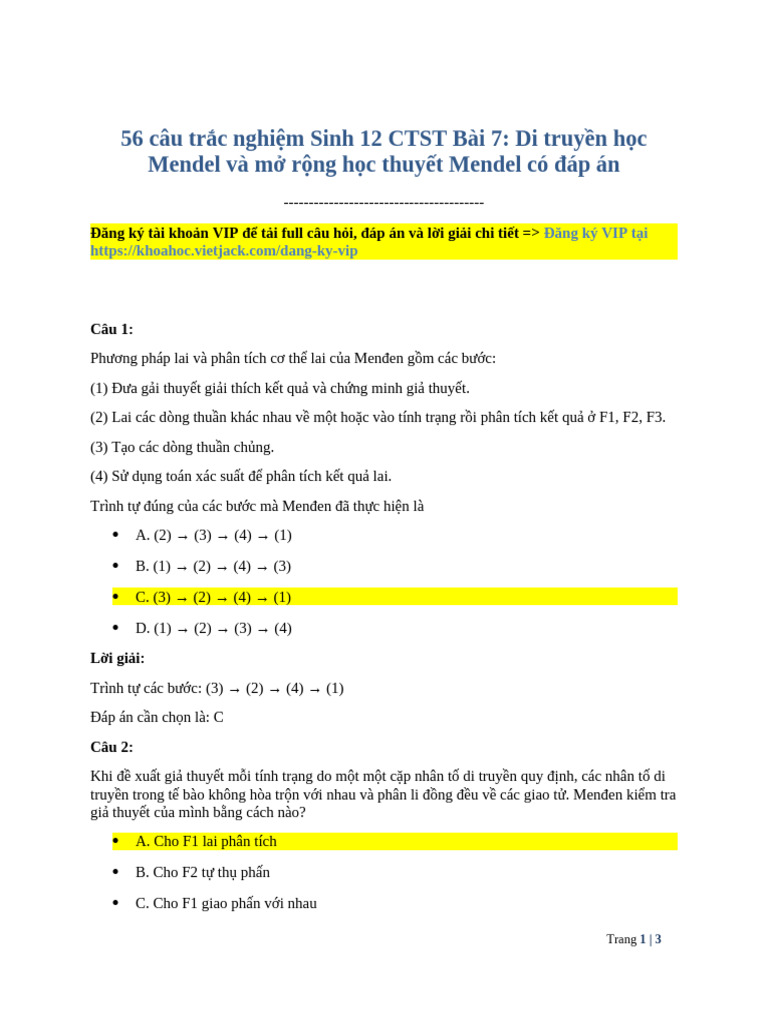 56 Cau Trac Nghiem Sinh 12 CTST Bai 7 Di Truyen Hoc Mendel Va Mo Rong Hoc Thuyet Mendel Co Dap ...