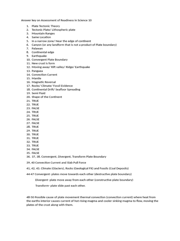 Answer Key On Assessment of Readiness in Science 10 | PDF