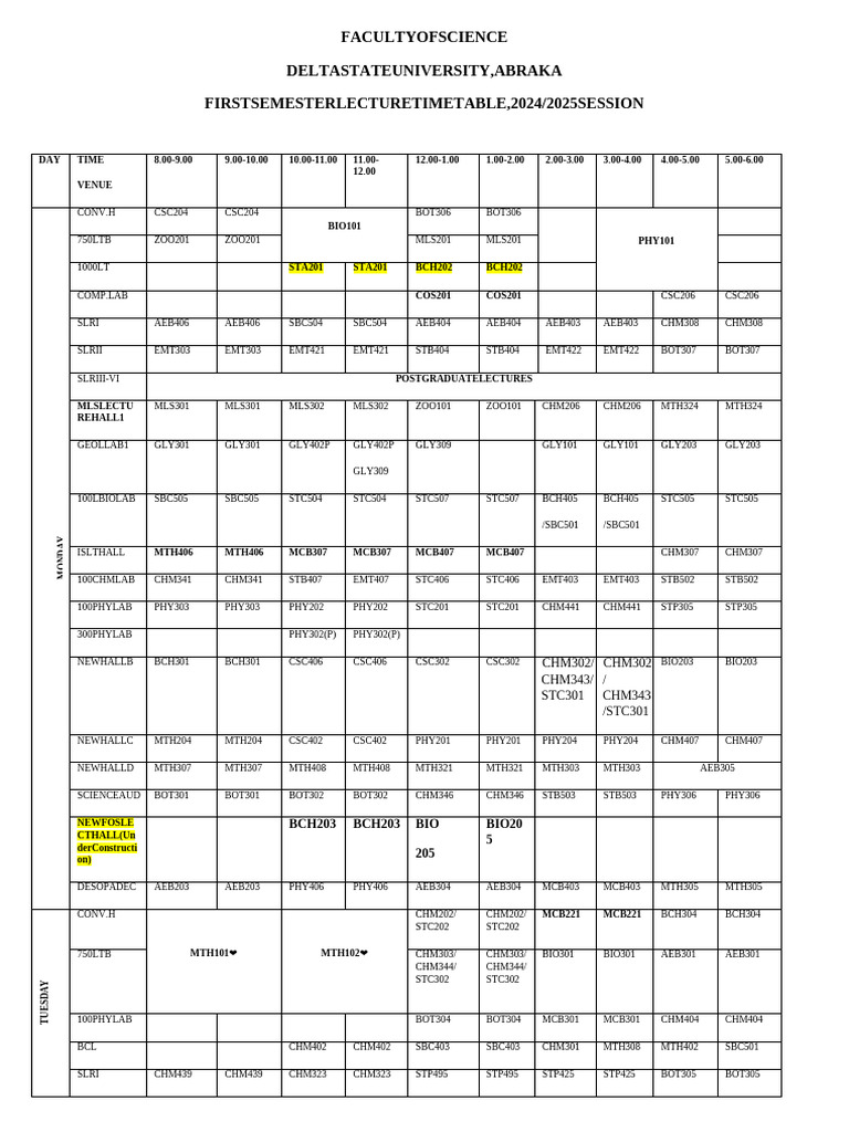 First Semester 2024-2025 Lecture Time Table - 040130 | PDF