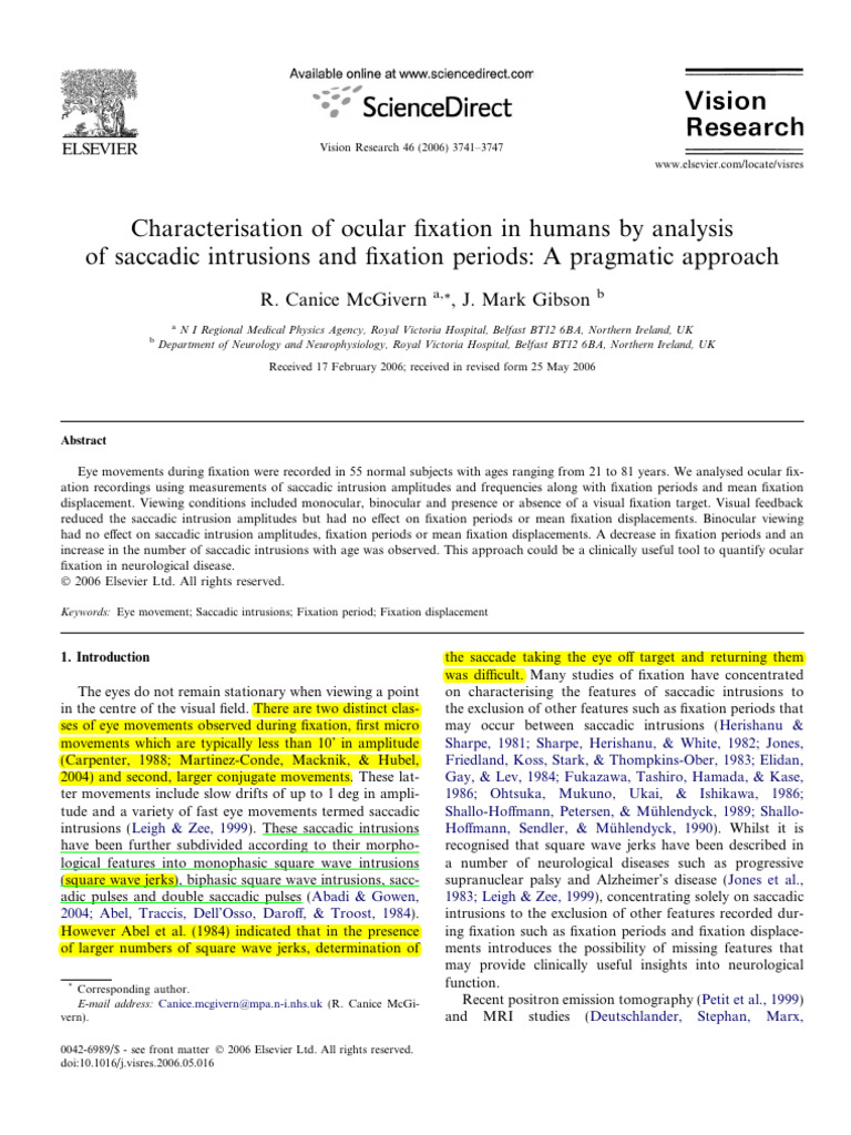 Characterisation of Ocular Fixation in Humans by Analysis of Saccadic ...