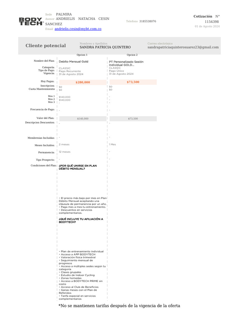 Planes Bodytech: Beneficios y Tarifas | PDF | Industrias de servicio