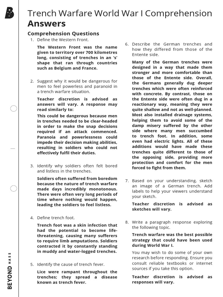 Trench Warfare World War I - Comprehension-Answers | PDF | Trench ...