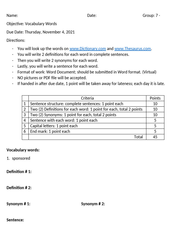7th Grade Story - 1 Vocabulary Words | PDF