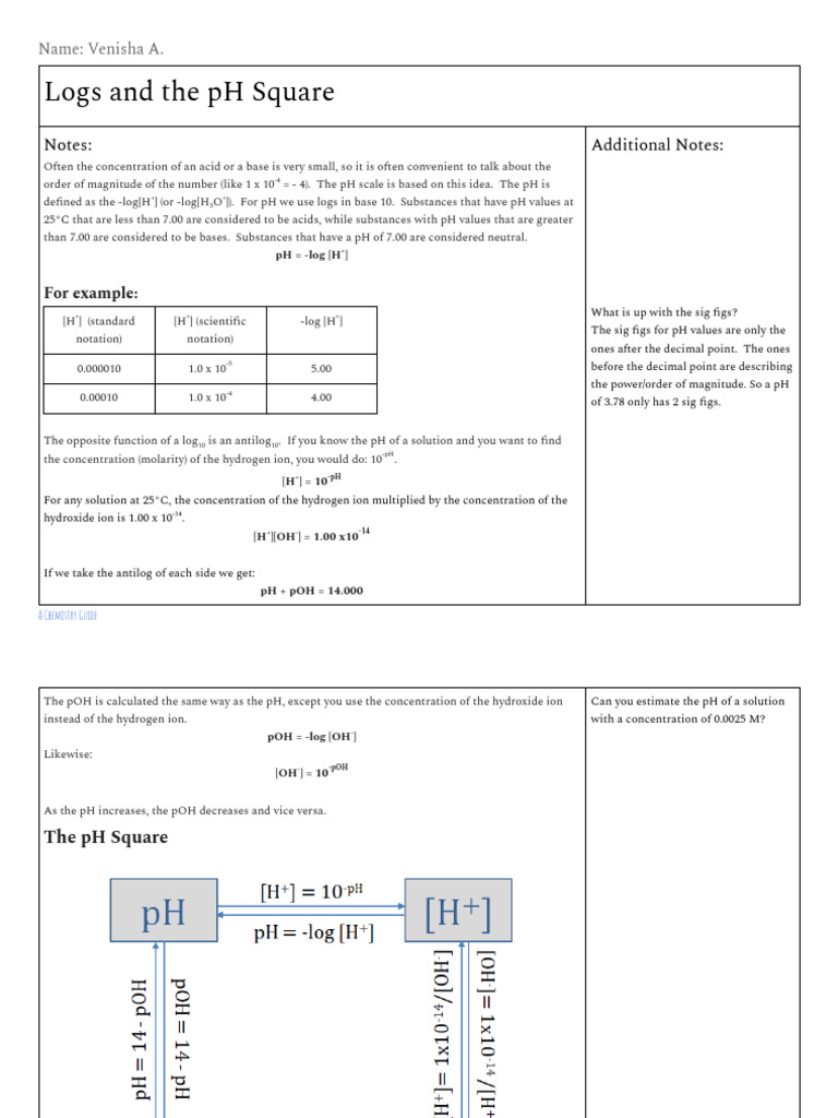 CJCP - 7-2 Logs and The PH Square RemoteNotes | PDF | Ph | Acid