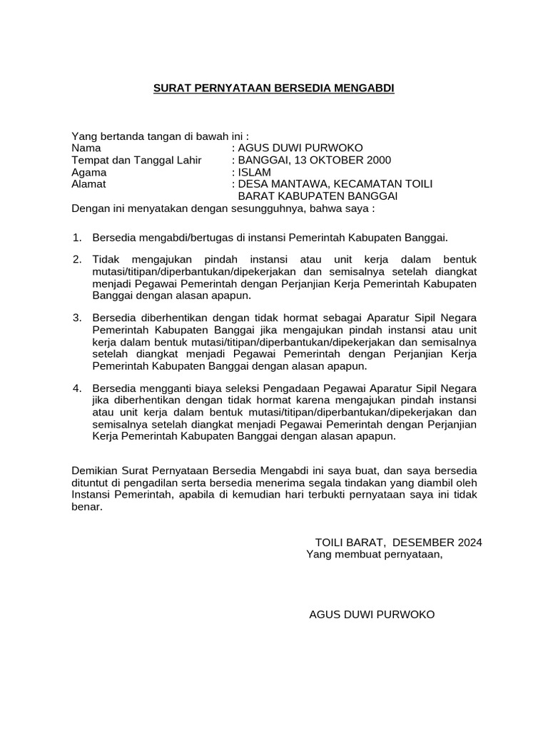 Format Surat Pernyataan Bersedia Mengabdi | PDF
