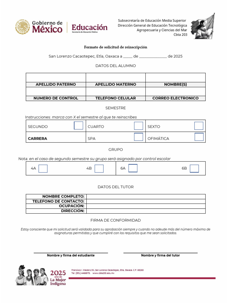 Formato de Reinscripción CBTA 203 | PDF