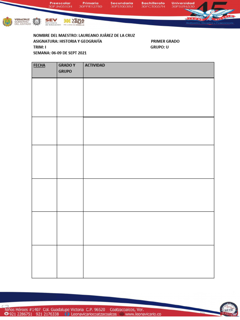 Cronograma de actividades 06-09 sep SEC primero hist y geo | PDF