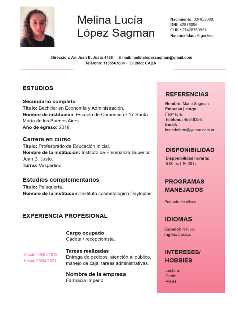 Currículum de Melina López Sagman | PDF