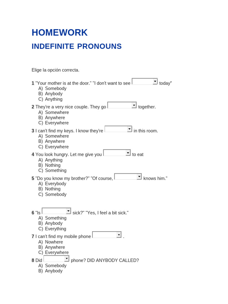 HOMEWORK Indefinite Pronouns | PDF