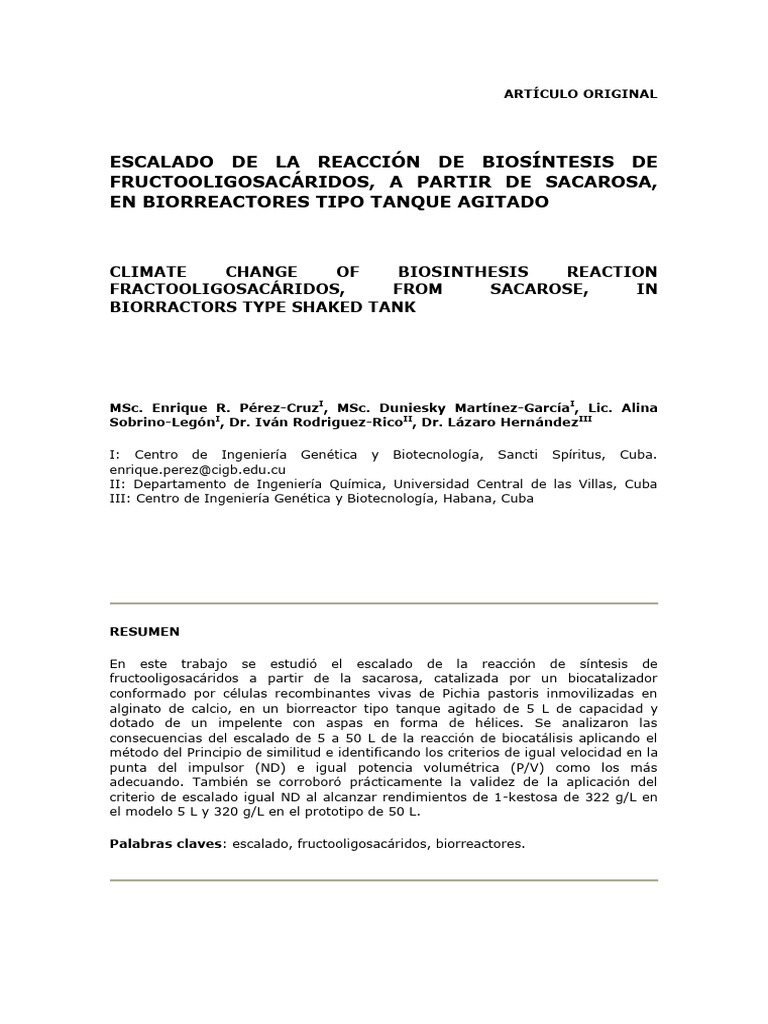 Escalado de Fructooligosacáridos en Biorreactores | PDF | Química