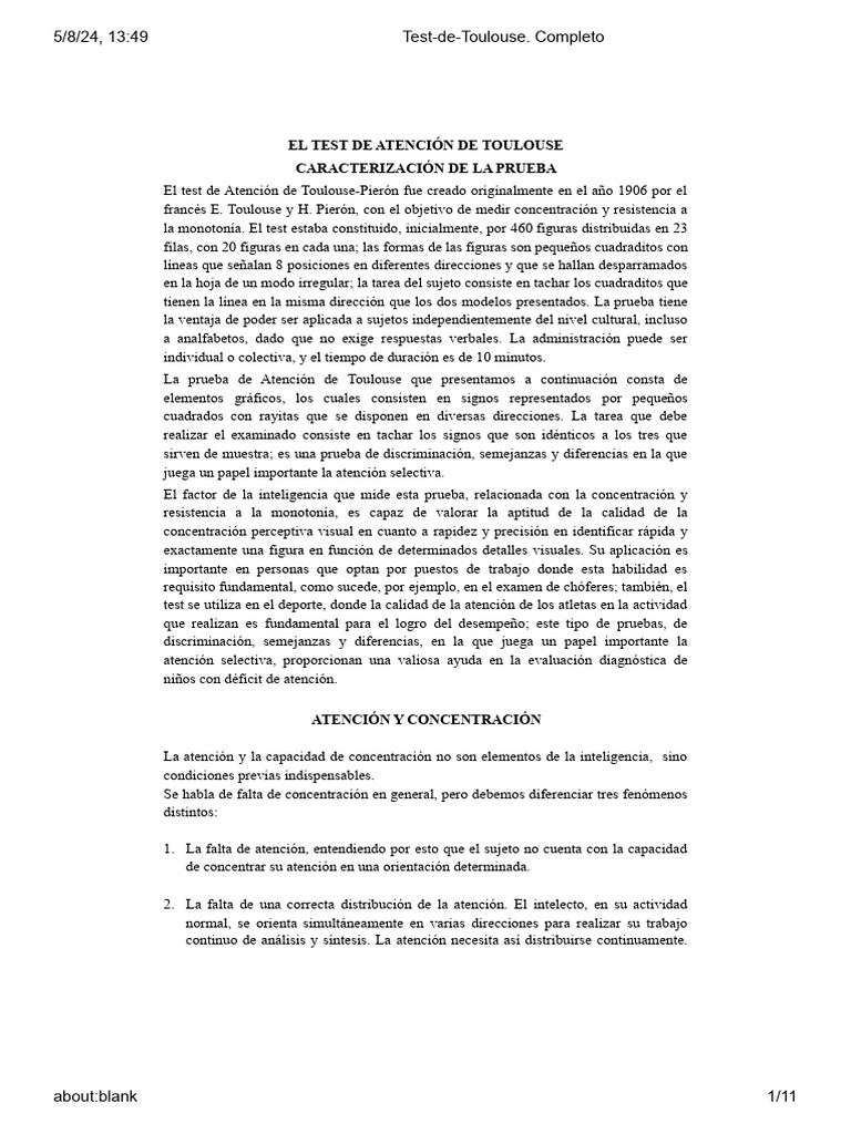 Test de Atención de Toulouse: Guía Completa | PDF | Atención | Inteligencia