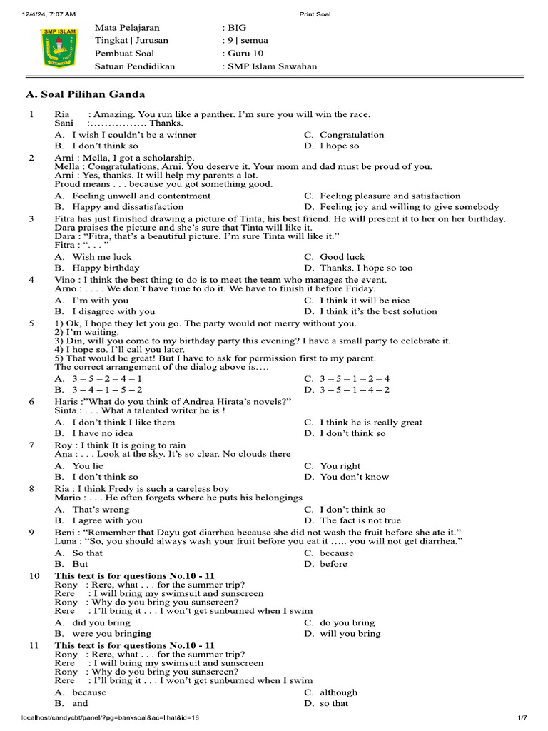 Soal BING Kelas 9 | PDF
