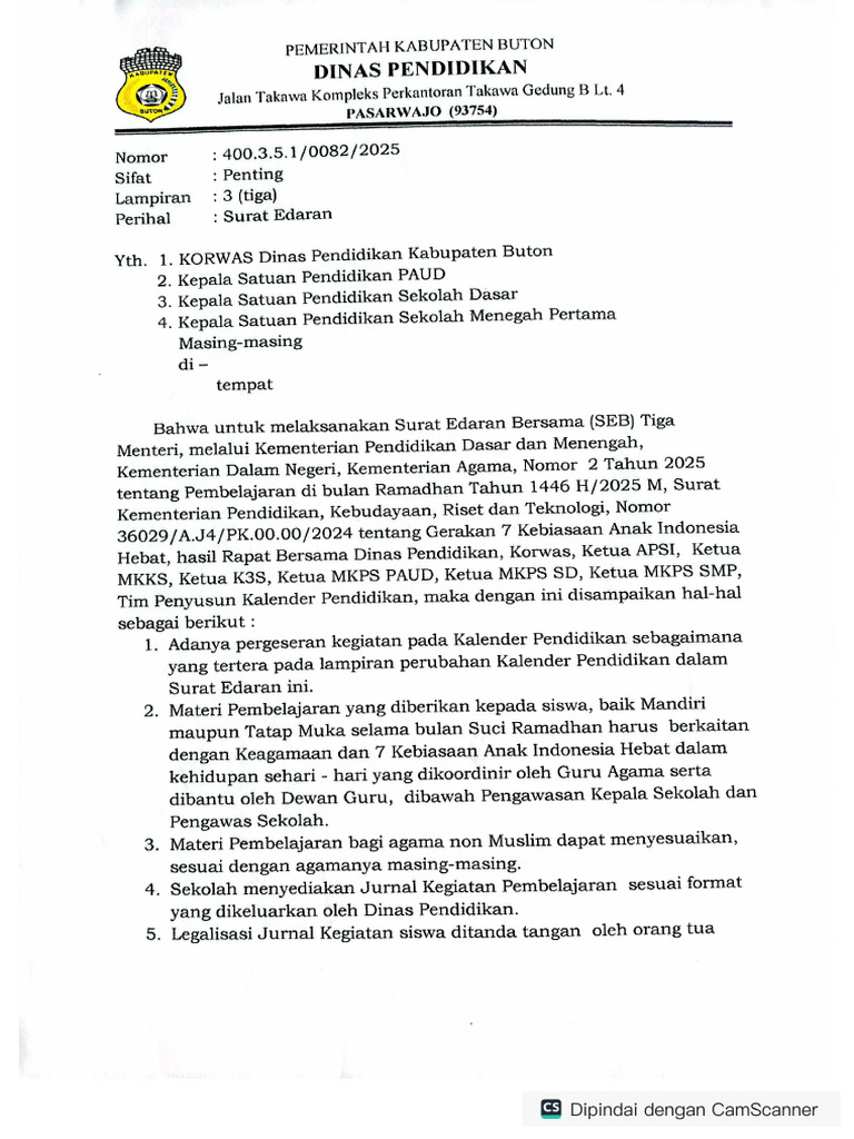 Surat Edaran Kepala Dinas Pendidikan | PDF