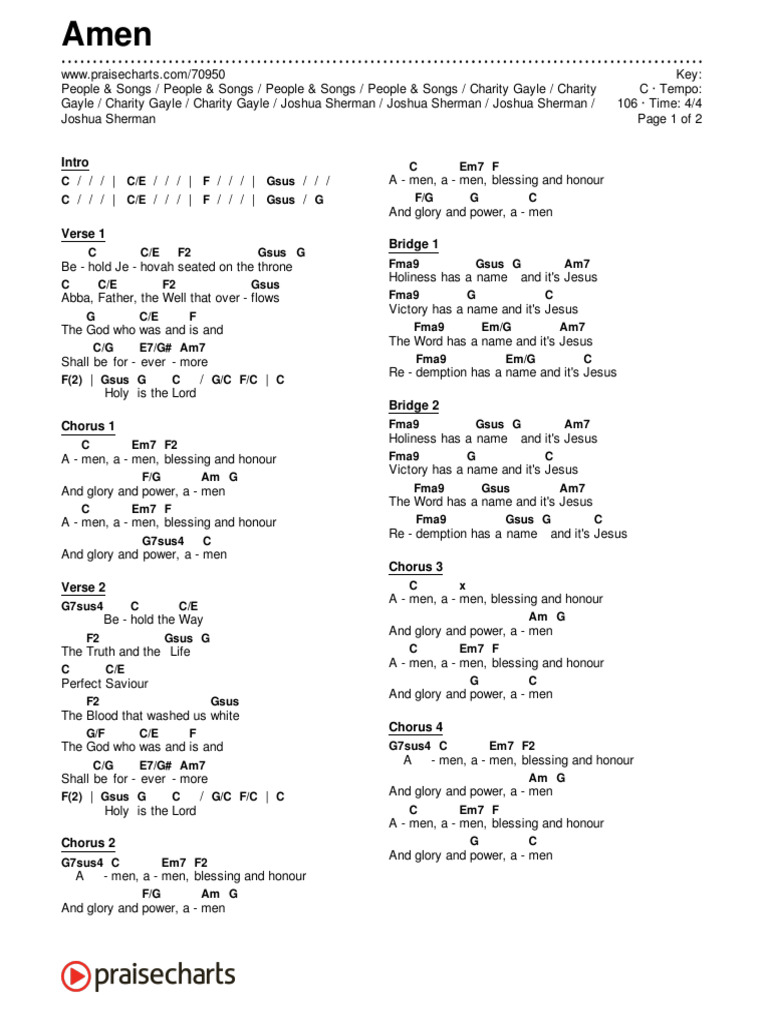 Amen (Charity Gayl... ) Chord Chart - C - 2 Column Layout | PDF | Glory (Religion) | Christian ...
