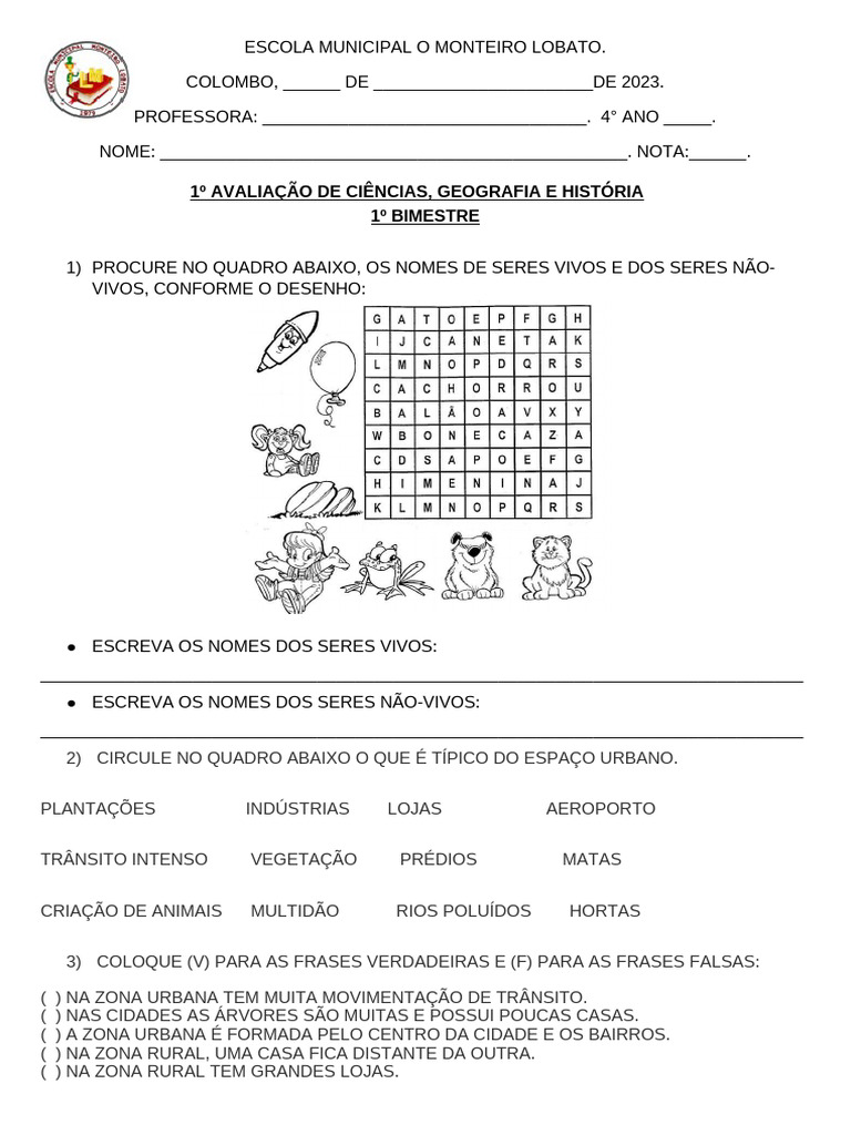 1 Avaliação de Ciên, Geo e Hist - 1º Bimestre | PDF