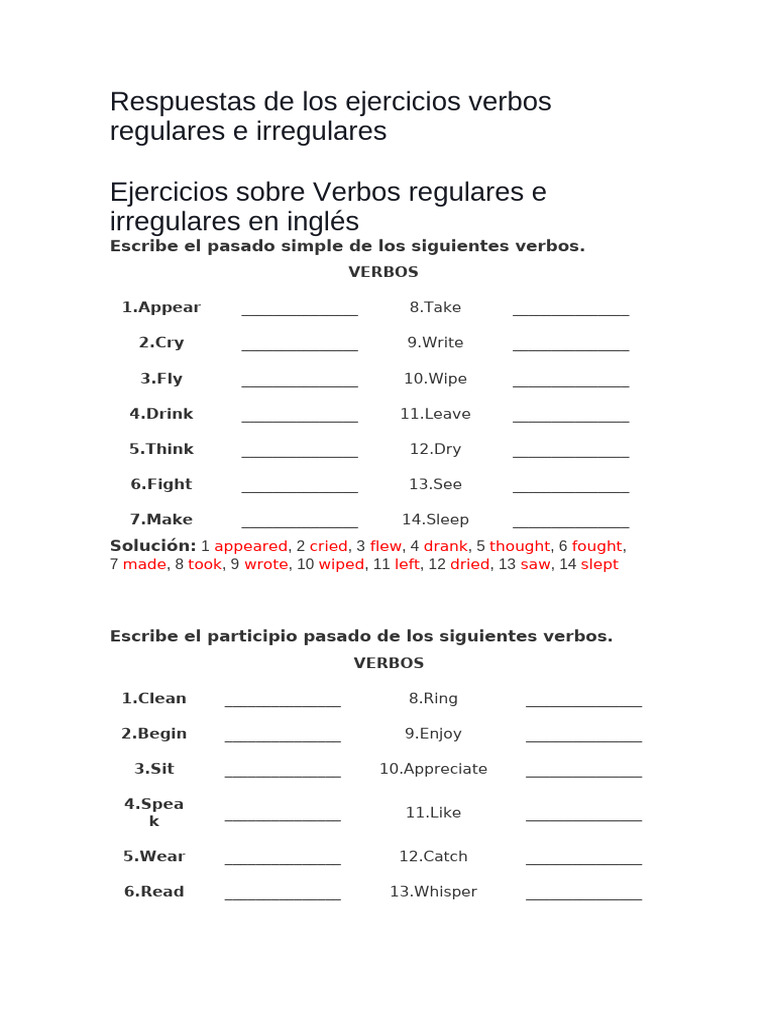 Respuestas de los ejercicios verbos regulares e irregulares | PDF