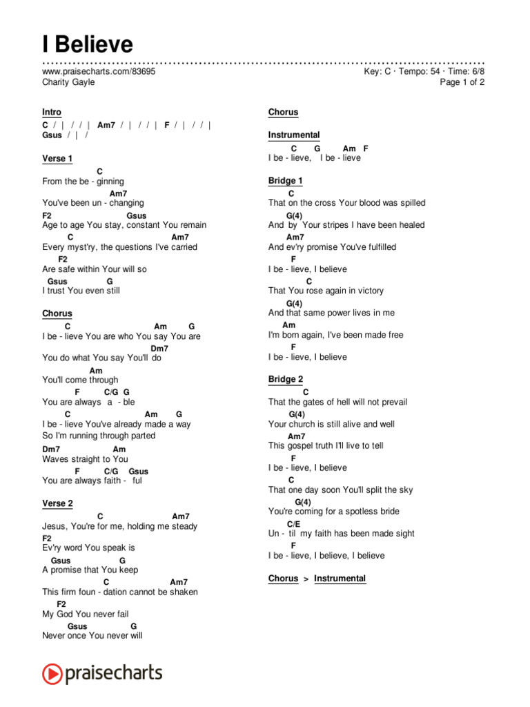 I Believe (Charity Gayle) Chord Chart - C - 2 Column Layout | PDF | Christian Belief And ...